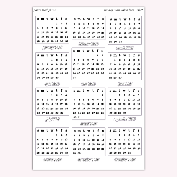 Sunday Start Calendars - 2026 – Paper Trail Plans